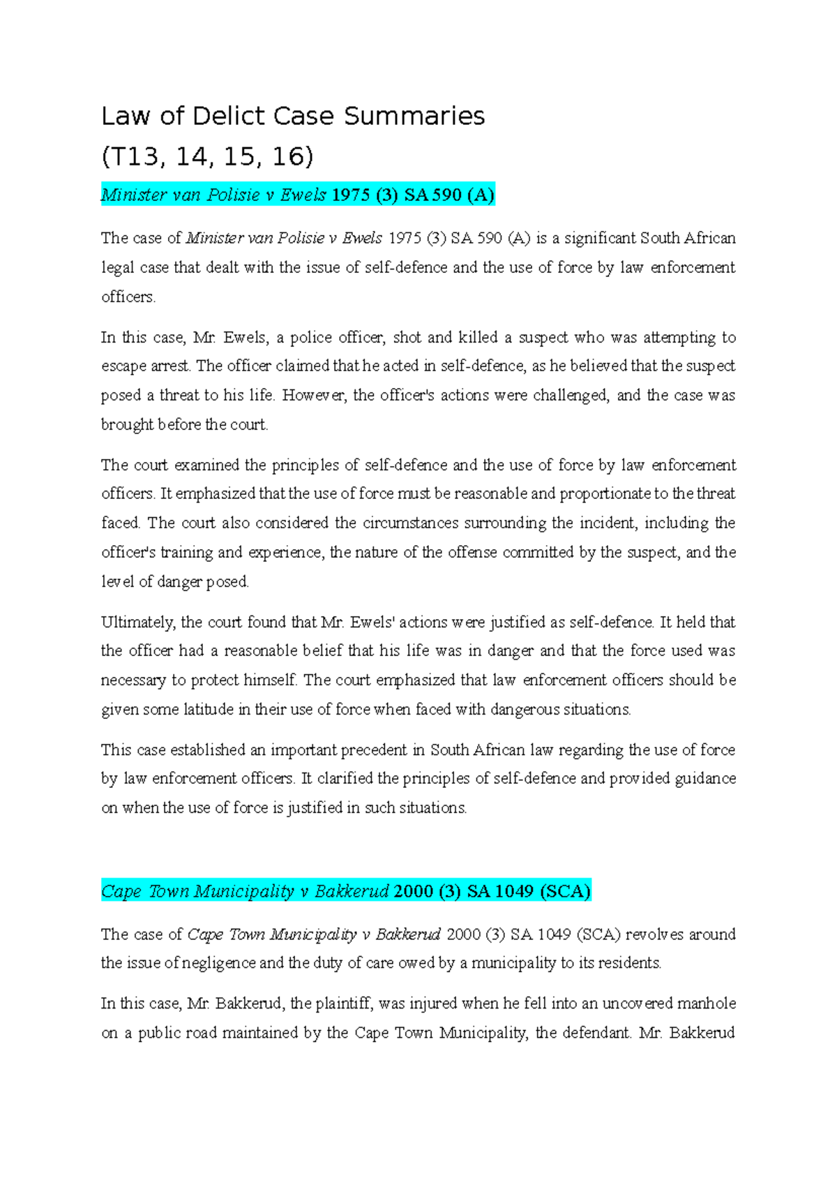 Law of Delict Case Law Summaries (T13, T14, T15, T16) - Studocu
