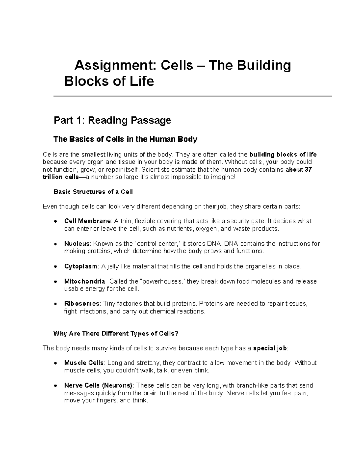 Cells (BIO101): The Building Blocks of Life - Assignment Part 1 & 2 ...