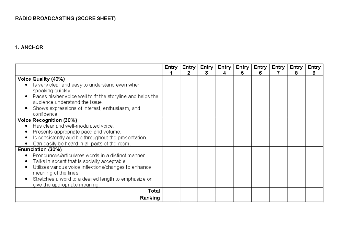 Score Sheet for Radio Broadcasting - Assessment Overview - Studocu