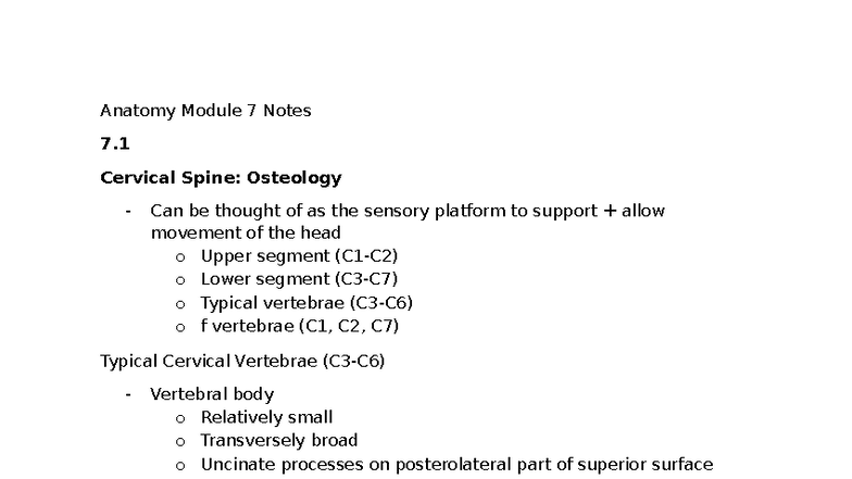 Cervical Spine Anatomy & Biomechanics Notes (Module 7) - Studocu