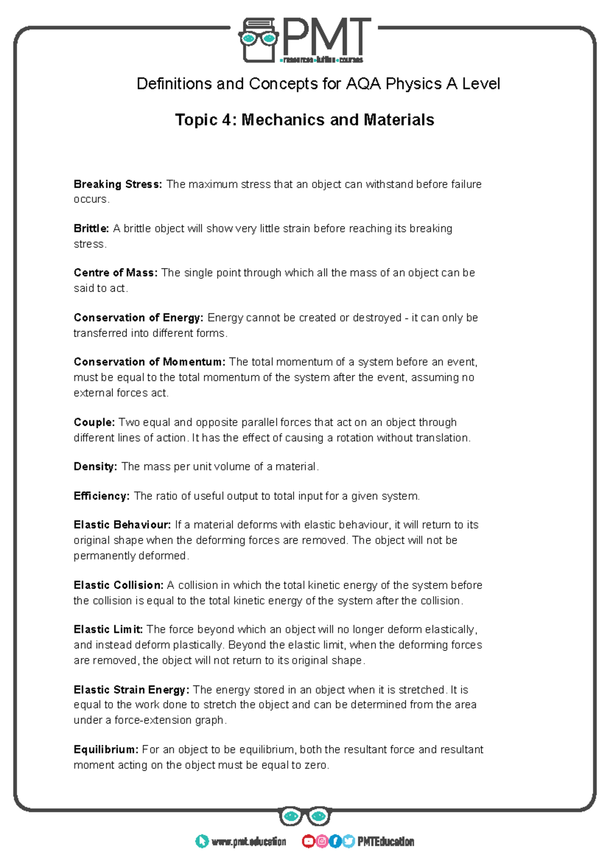Definitions for AQA Physics A Level: Topic 4 Mechanics & Materials ...