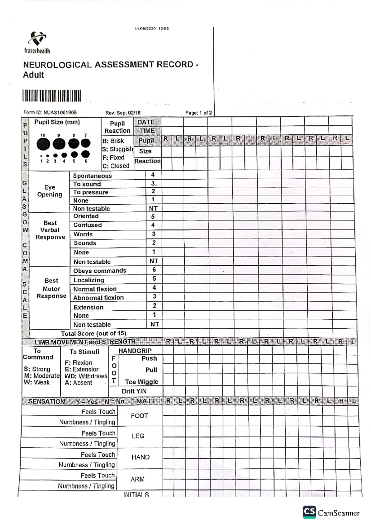 Neuro GCS - guide - 12:59 fraserhealth NEUROLOGICAL ASSESSMENT RECORD ...