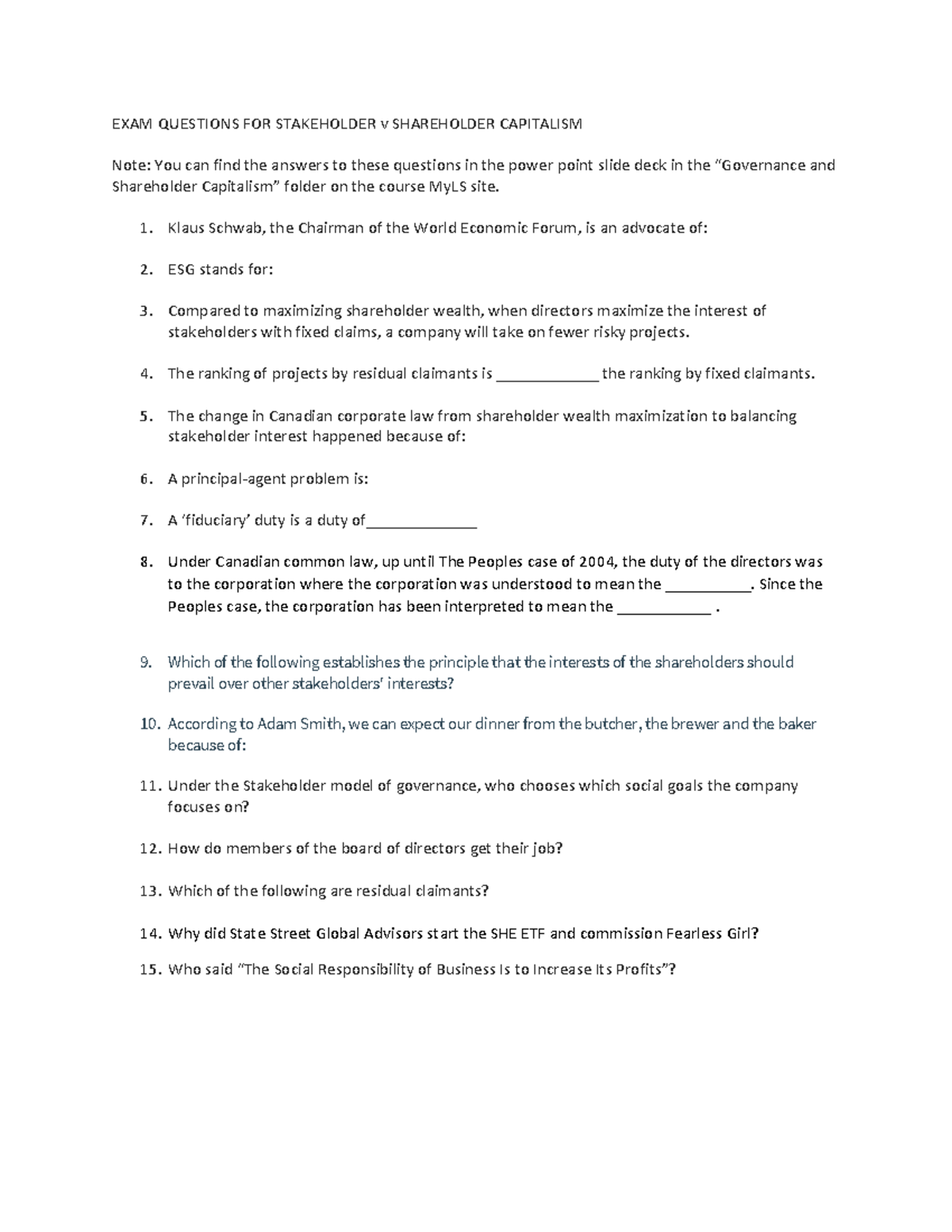 Corporate Governance Midterm Questions W2022: Stakeholder vs ...