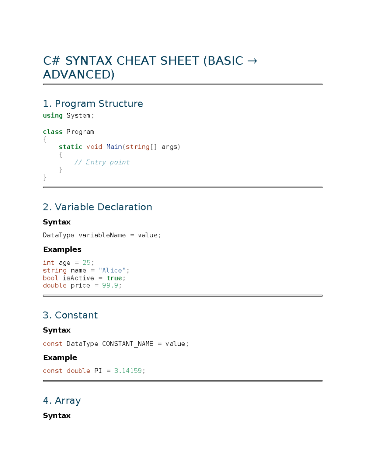 C# Syntax Cheat Sheet (Basic & Advanced) for Quick Reference - Studocu
