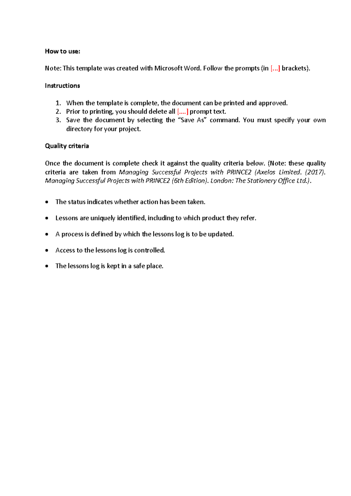 Lessons Log Template for Project Management (PRINCE2) - Studocu