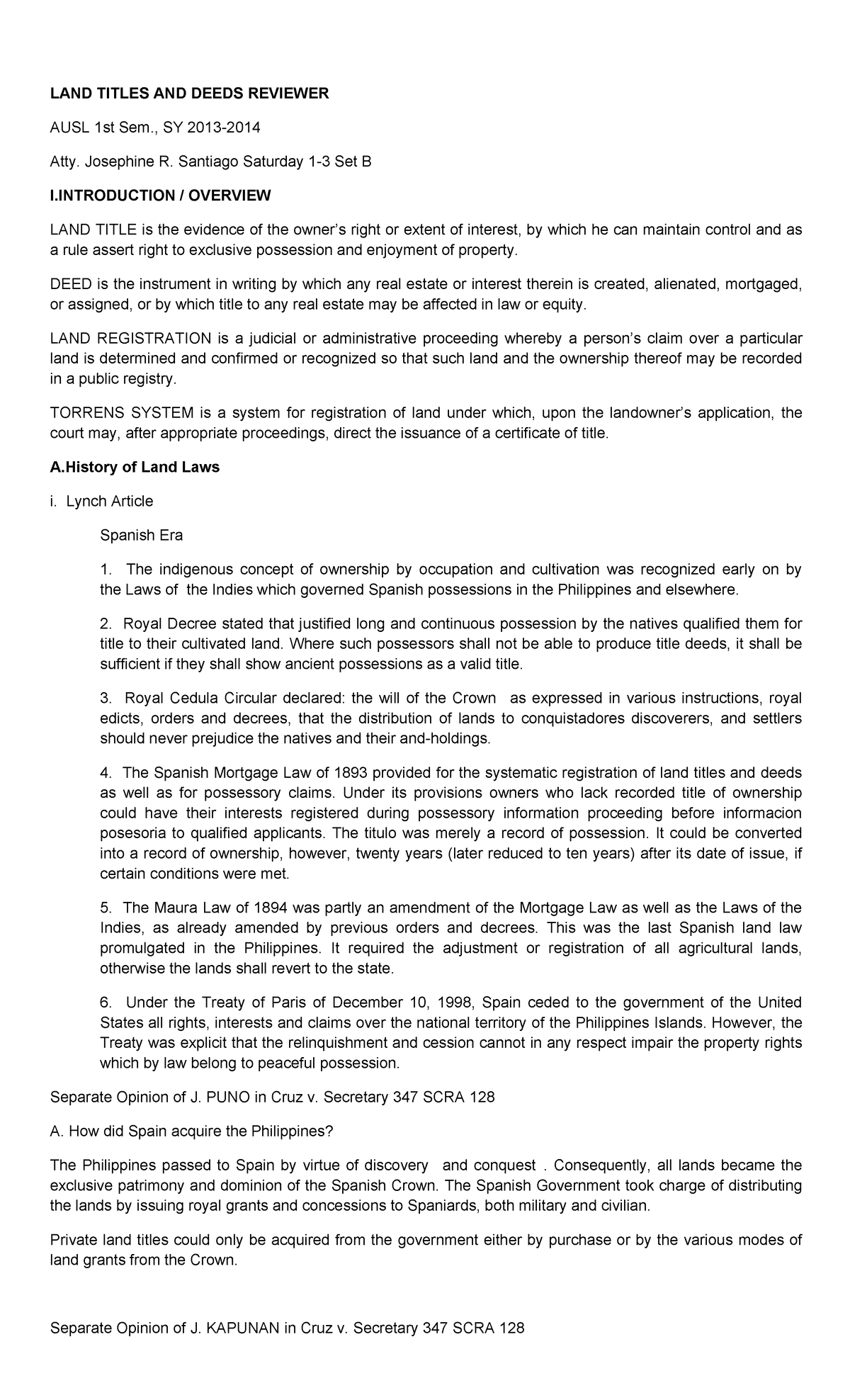 LAND Titles AND Deeds Review Notes (AUSL 1st Sem., SY 2013) - Studocu