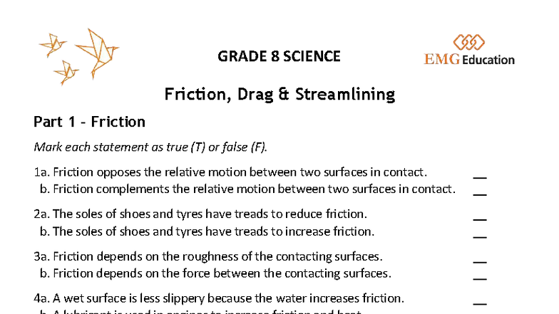 Friction, Drag Streamlining WS - GRADE 8 SCIENCE Friction, Drag ...