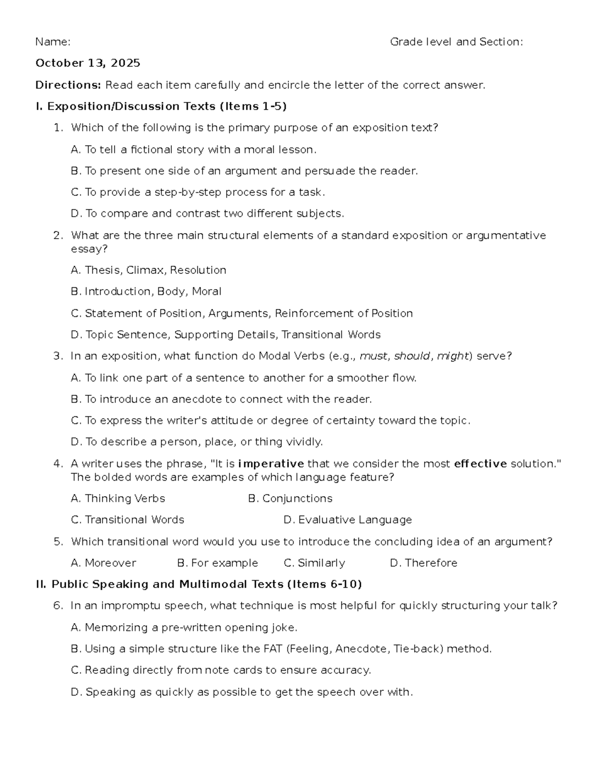 ENG 10 Review: Exposition, Argumentative Writing & Public Speaking ...