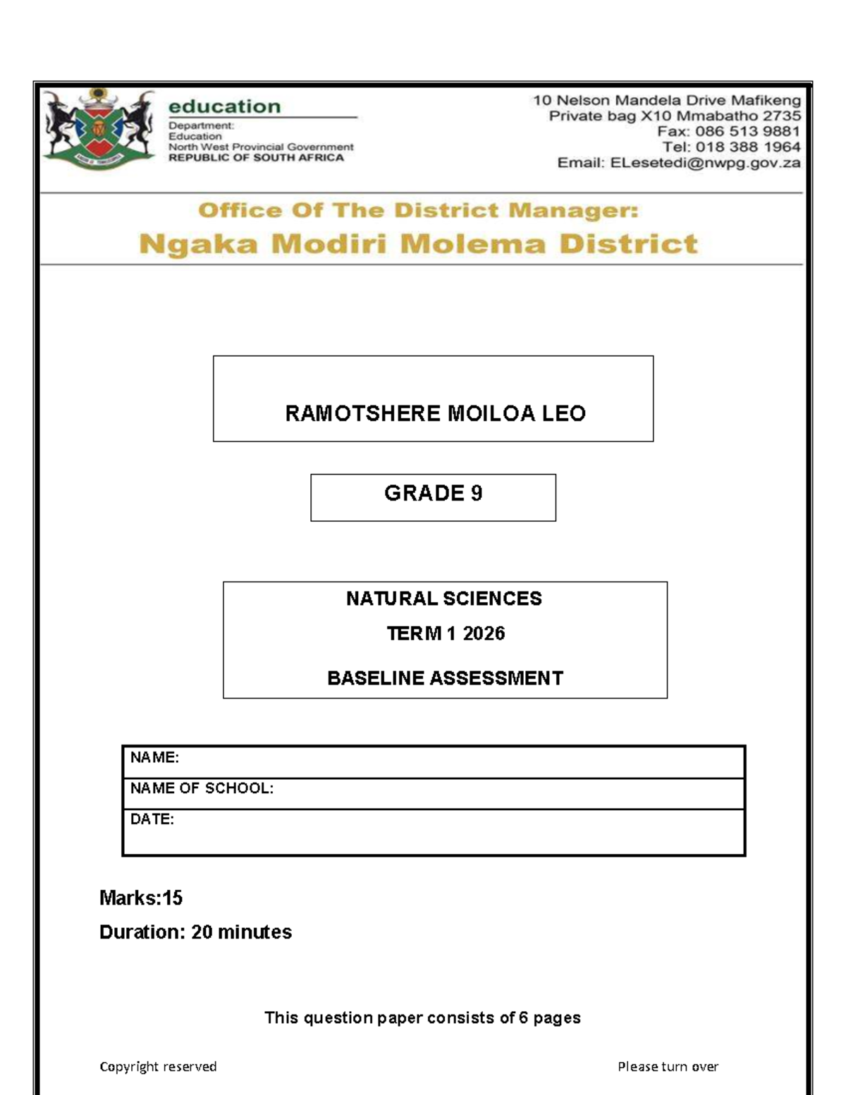 NS Grade 9 Term 1 Baseline Assessment QP 2026 - Studocu