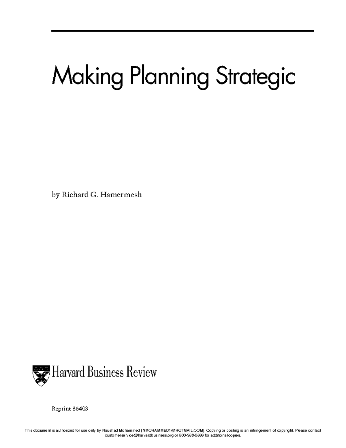 Strategic Portfolio Planning Insights - HBR Reprint 86403 - Studocu