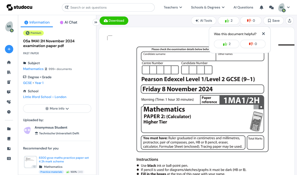 05a 1MA1 2H November 2024 GCSE Maths Exam Paper - Higher Tier - Studocu