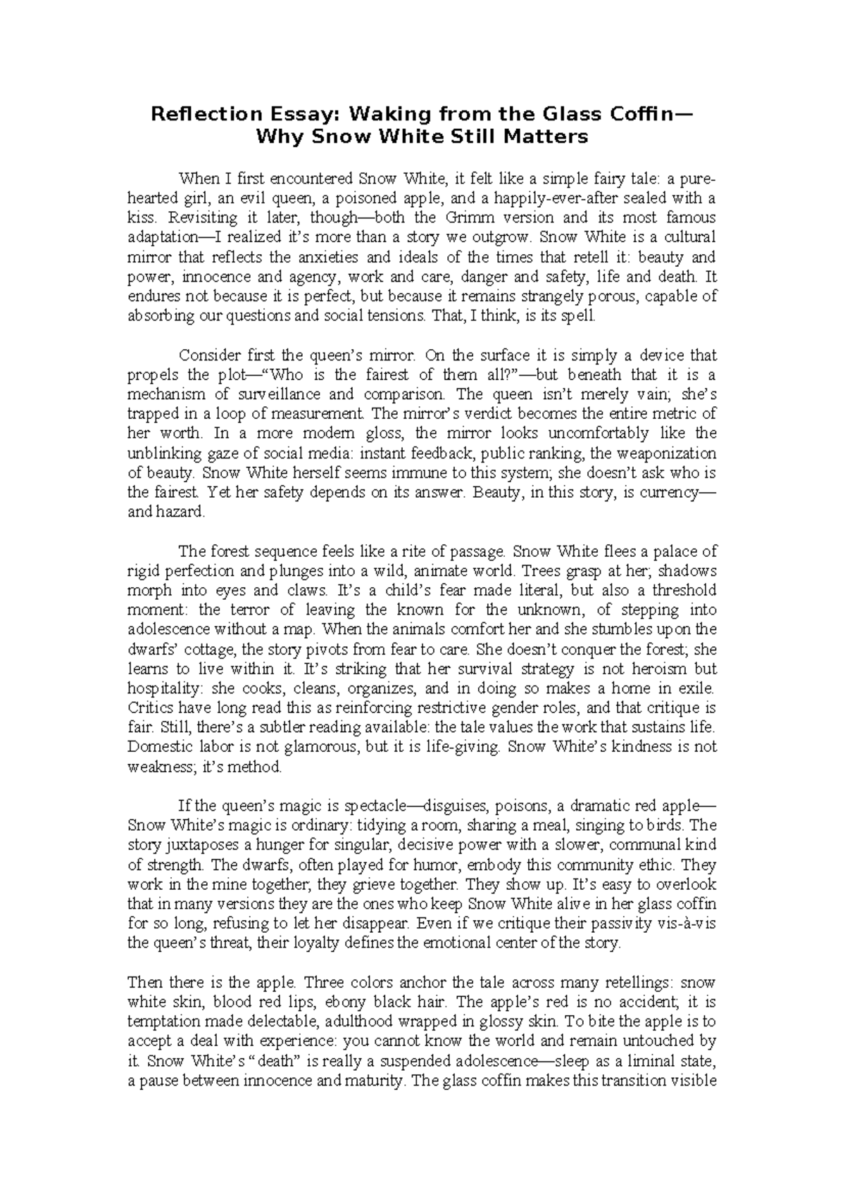 Reflection Essay: Snow White's Enduring Relevance and Lessons - Studocu