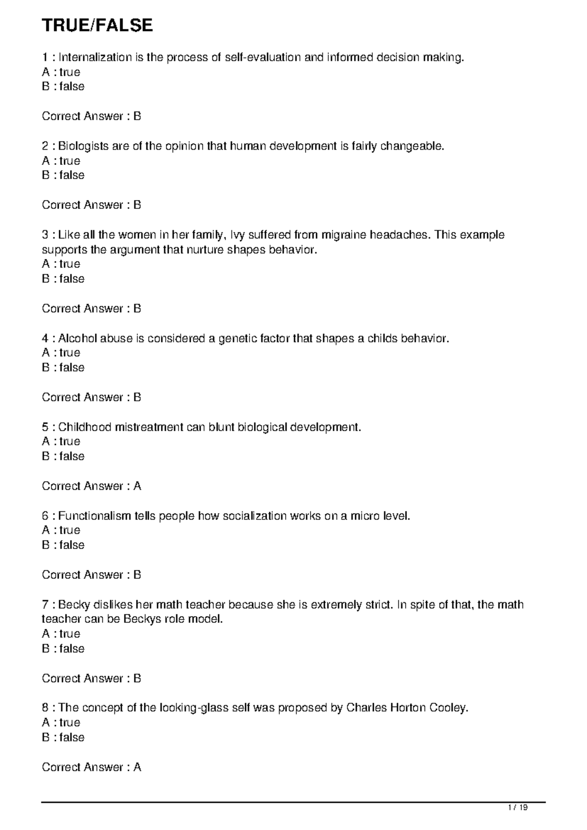 Ch04 Socialization - True/False Key Notes and Answers - Studocu