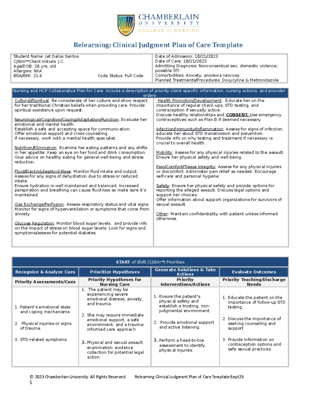 NR341 Plan of Care 2: Clinical Judgment & Relearning Strategies - Studocu