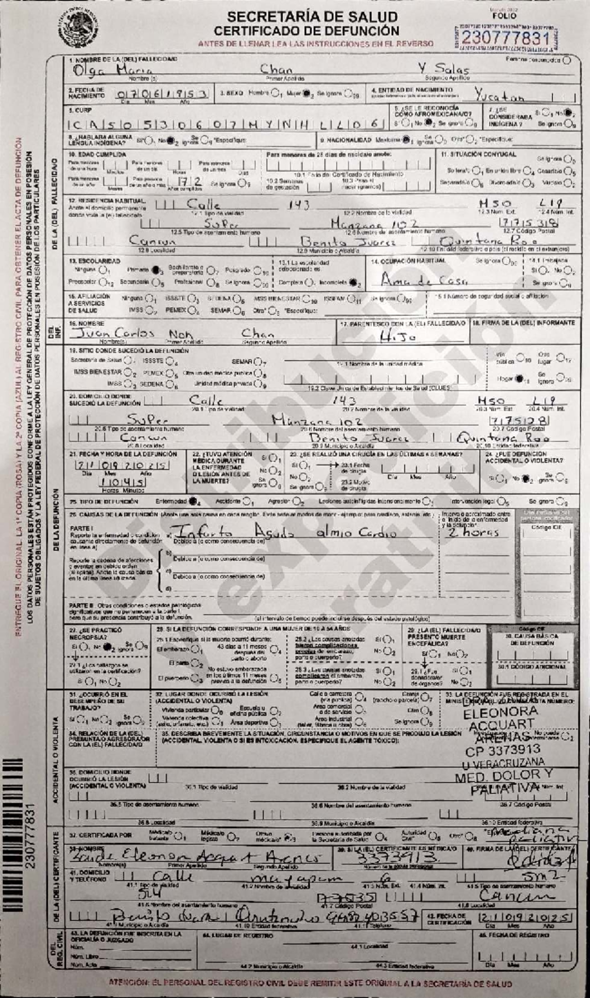 Certificado de Defunción - Secretaría de Salud (Folio: 230777831) - Studocu