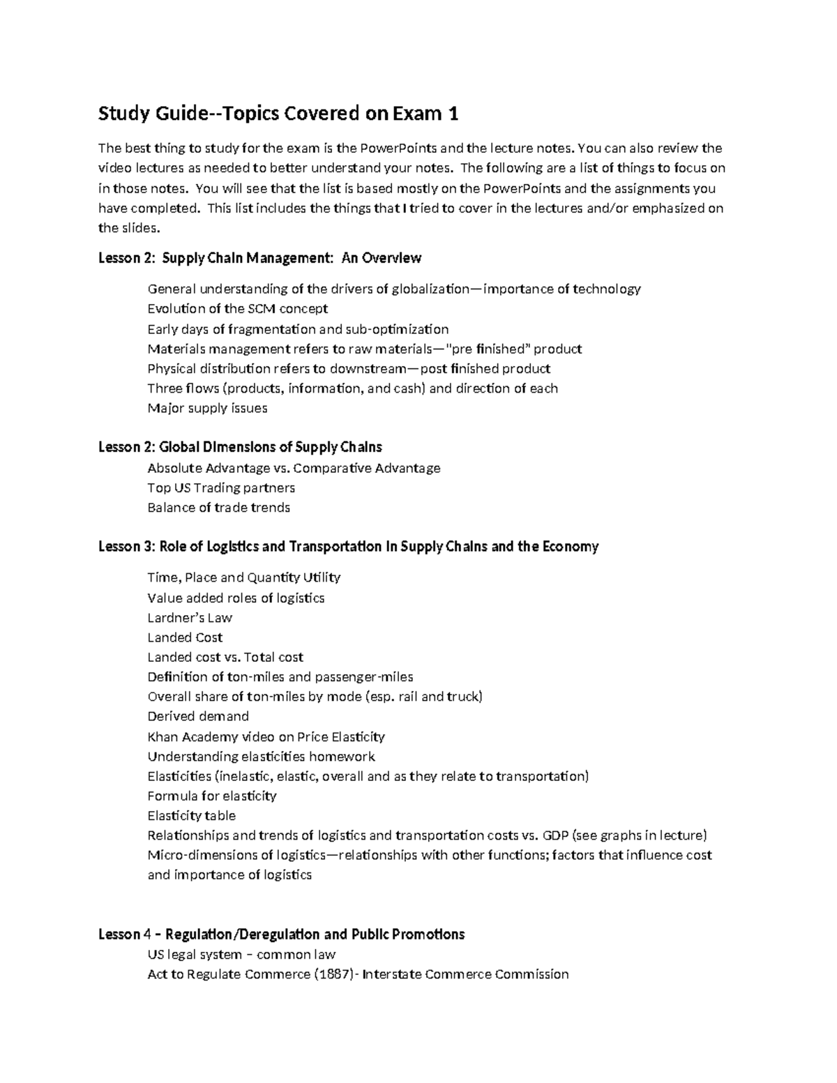 Exam 1 Study Guide: Key SCM Topics and Lecture Highlights (SCM) - Studocu