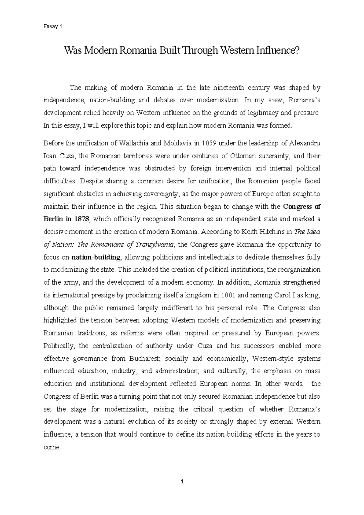 Essay 1: The Role of Western Influence in Modern Romania's Formation ...