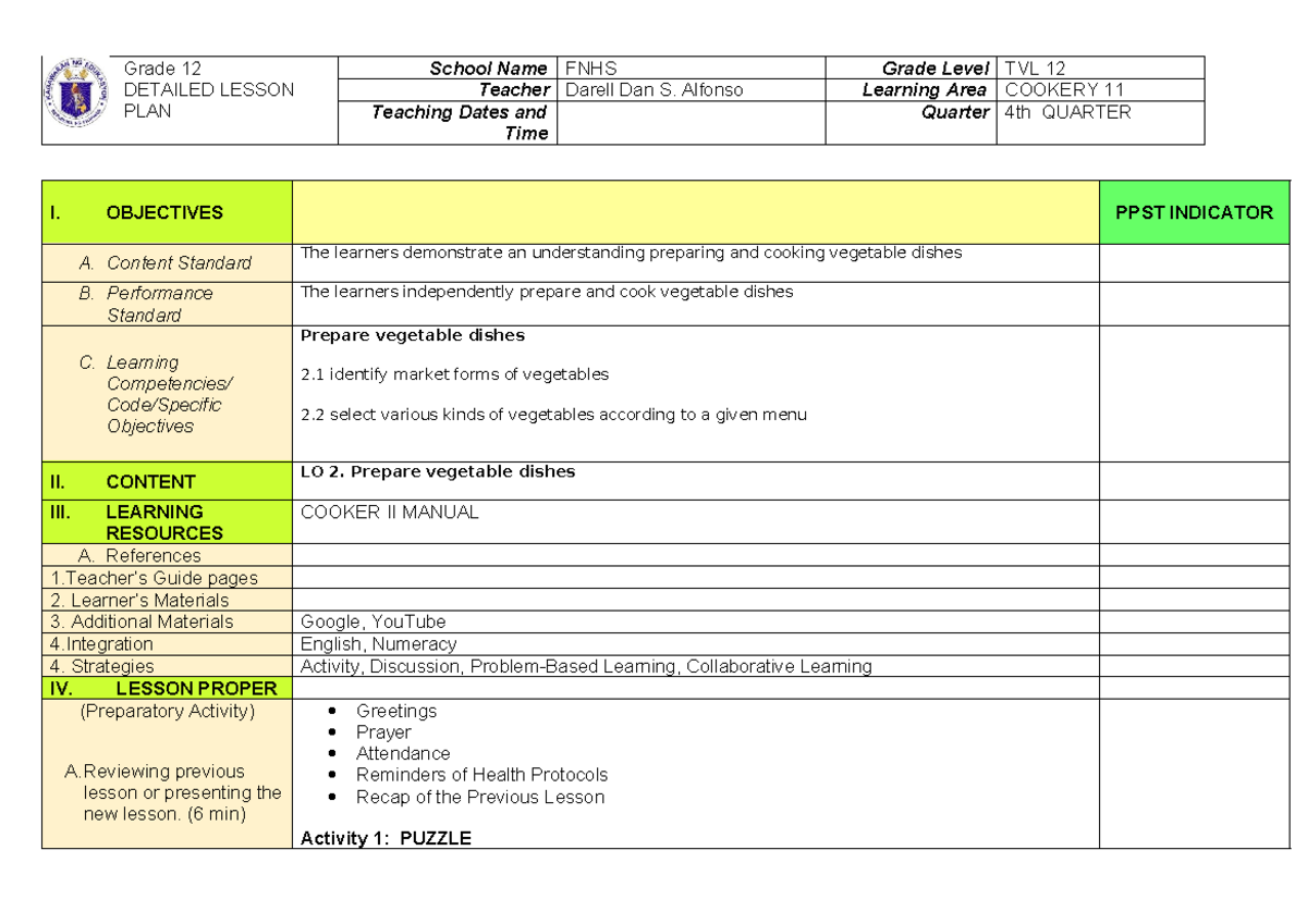 LP Observation cookery 2222 vegetables - Grade 12 DETAILED LESSON PLAN ...