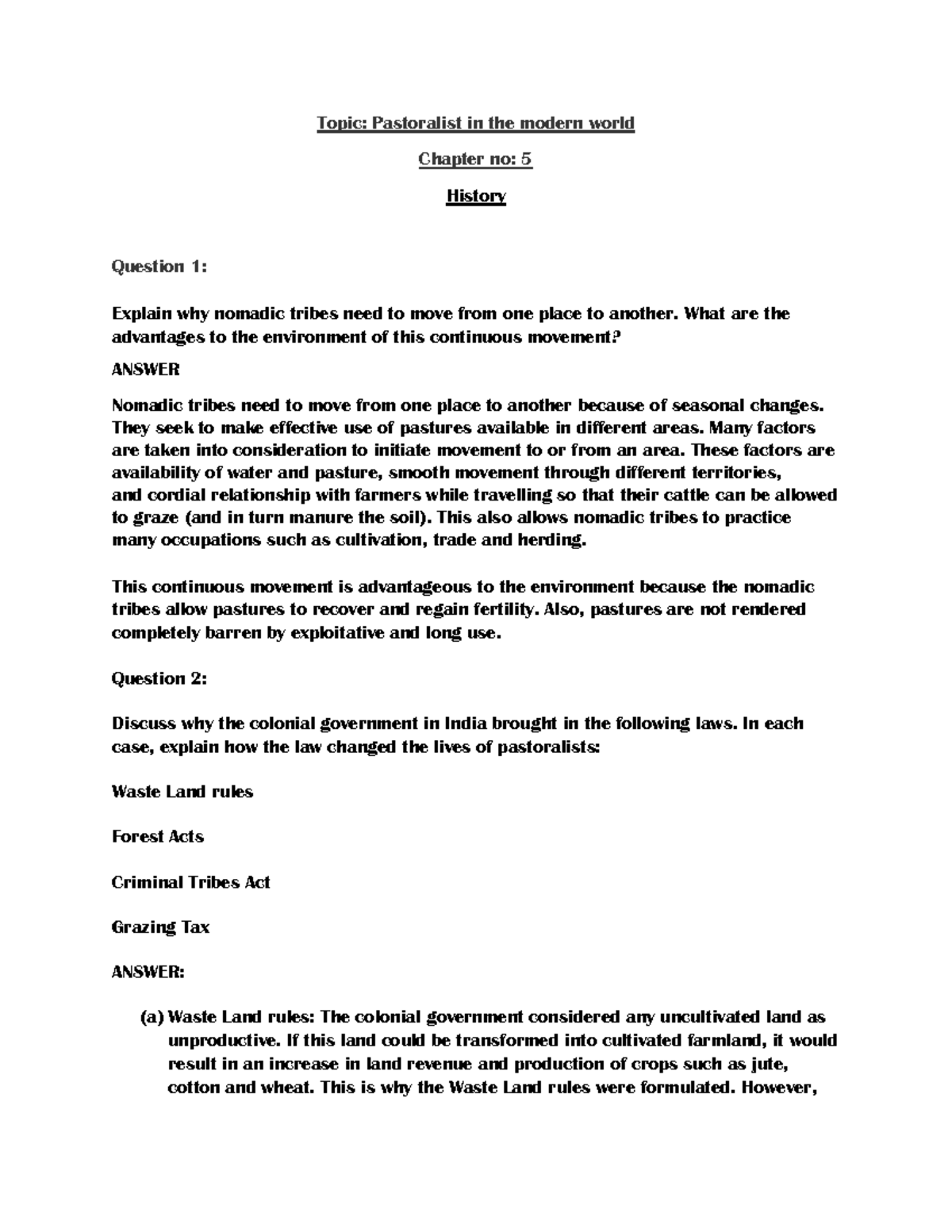 Pastoralism and Colonial Impact: Chapter 5 History Insights - Studocu