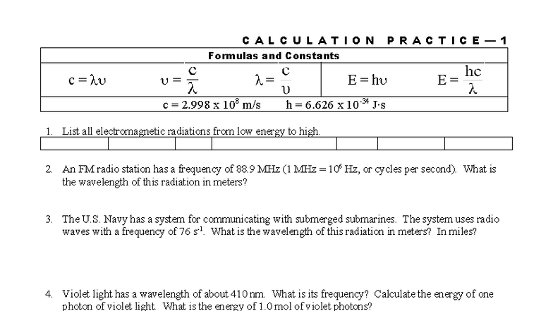Ch 6 Calc Practice: Electromagnetic Radiation & Photon Energy - Studocu