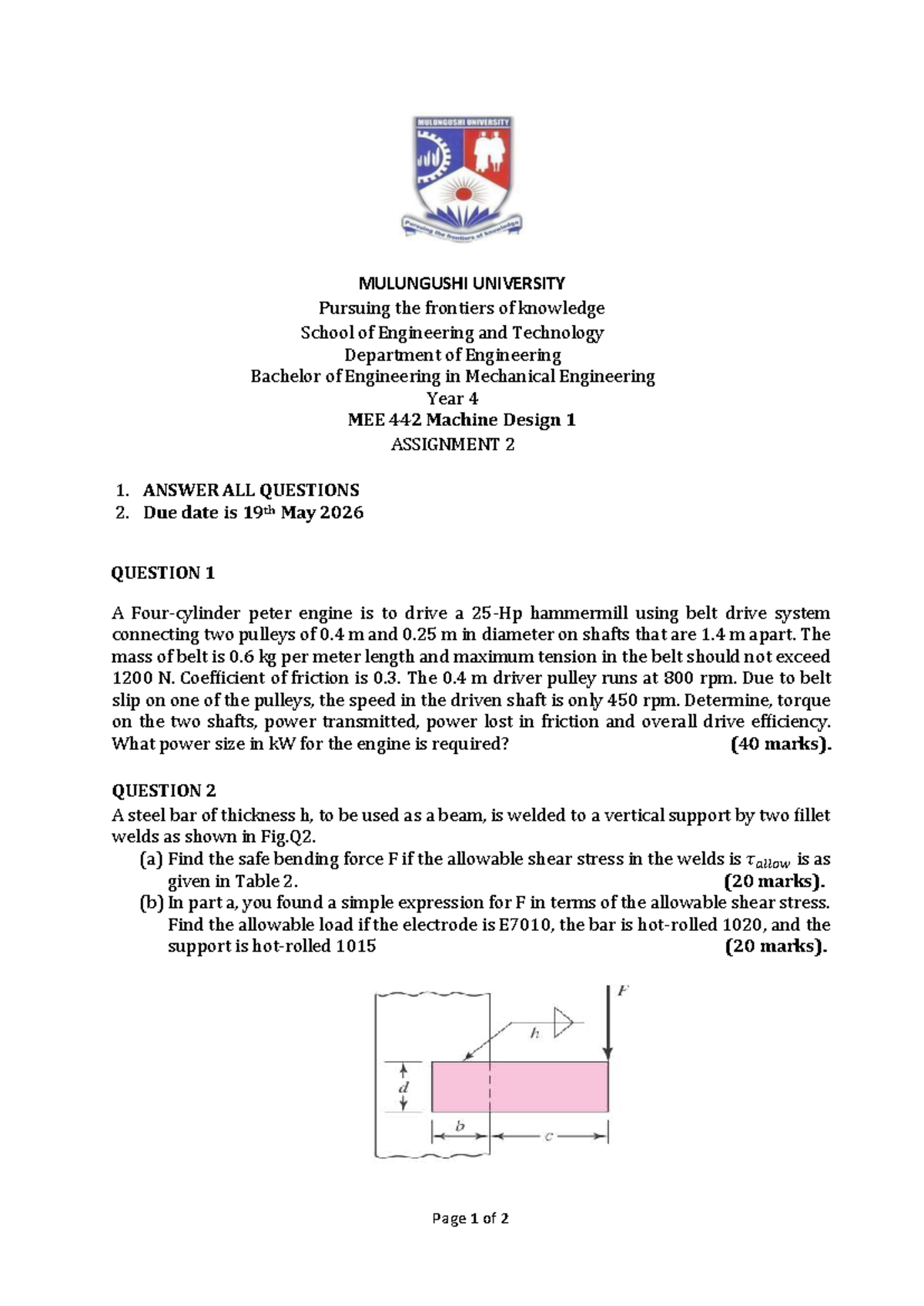 MEE 442 Assignment 2: Machine Design Analysis - May 2026 - Studocu