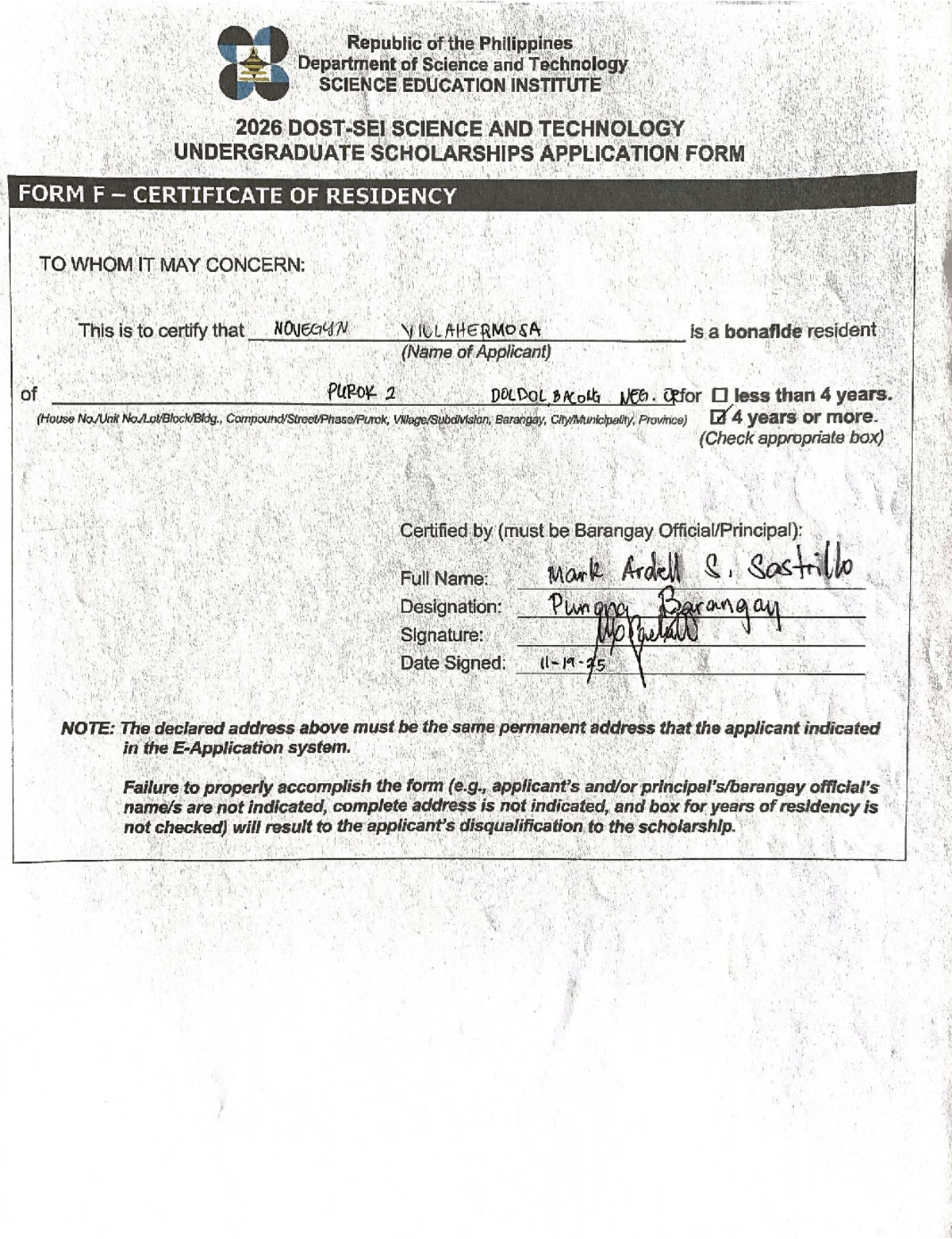 Certificate of Residency for Scholarship Application - DOST 2026 - Studocu