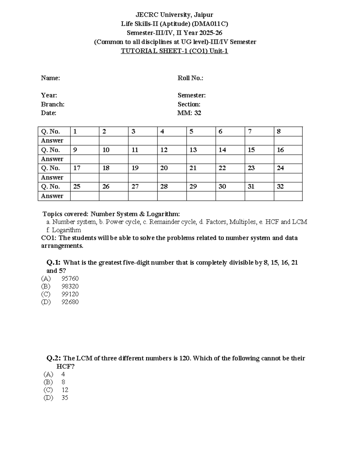 Aptitude Tutorial Questions (DMA011C) - II Year JECRC University - Studocu