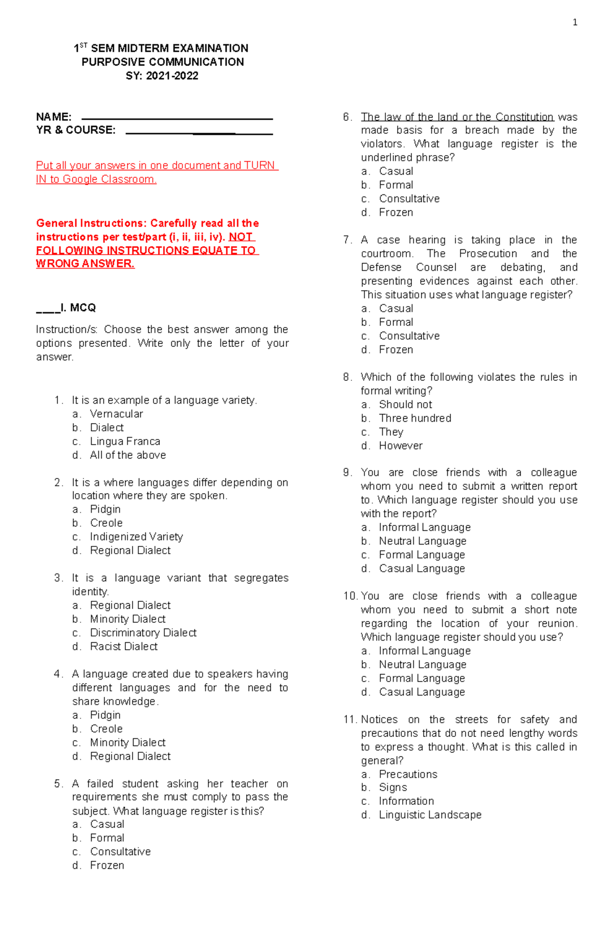 Midterm Exam Guide for Purposive Communication (1st Sem SY 2021-) - Studocu