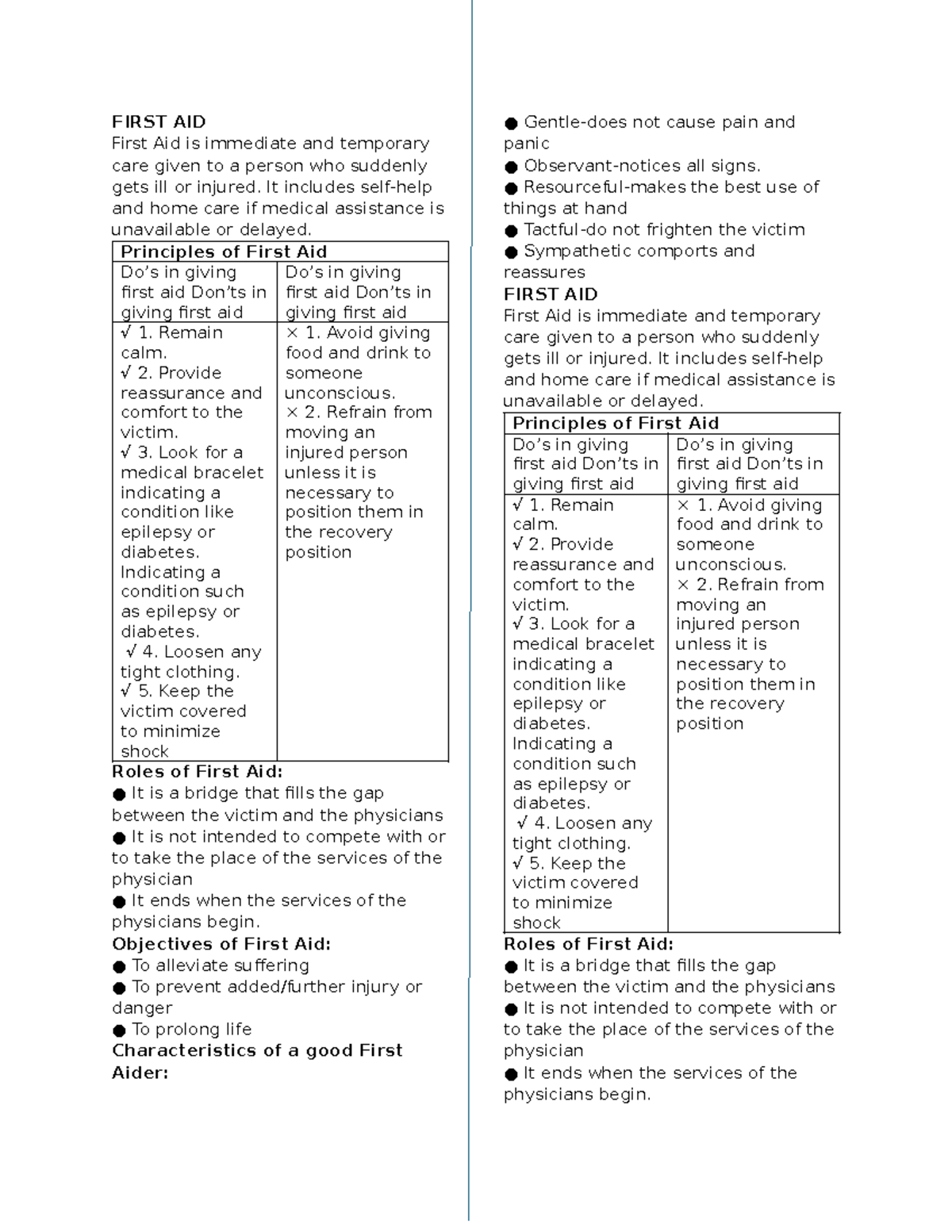 First AID hand outs - hand outs for students - FIRST AID First Aid is ...