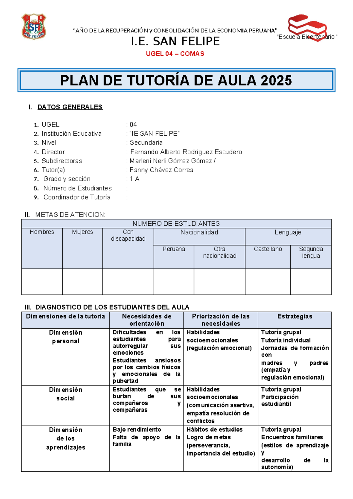 Plan de Tutoría de Aula 2025 - IE San Felipe, UGEL 04 - Studocu