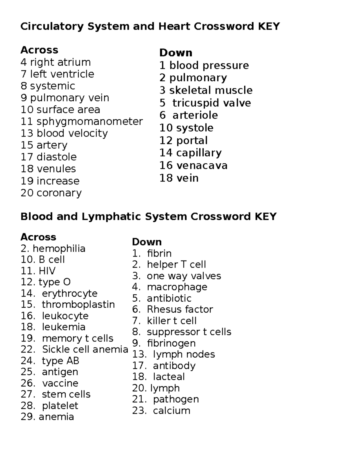 Circulatory & Blood System Crossword KEY (Final Exam) - Studocu
