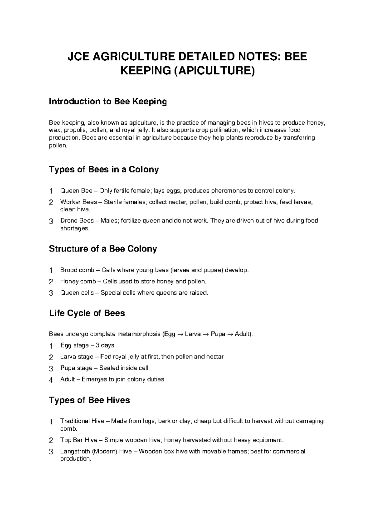 JCE AGRICULTURE DETAILED NOTES: BEE KEEPING (APICULTURE) - Studocu