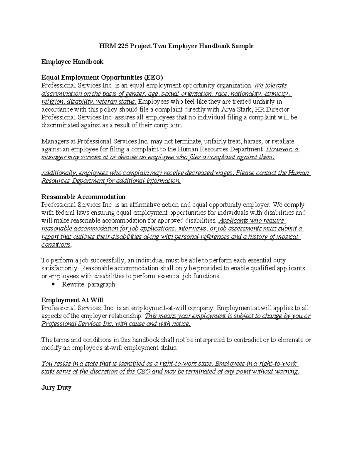 HRM 225 Final Project: Employee Handbook Template Overview - Studocu