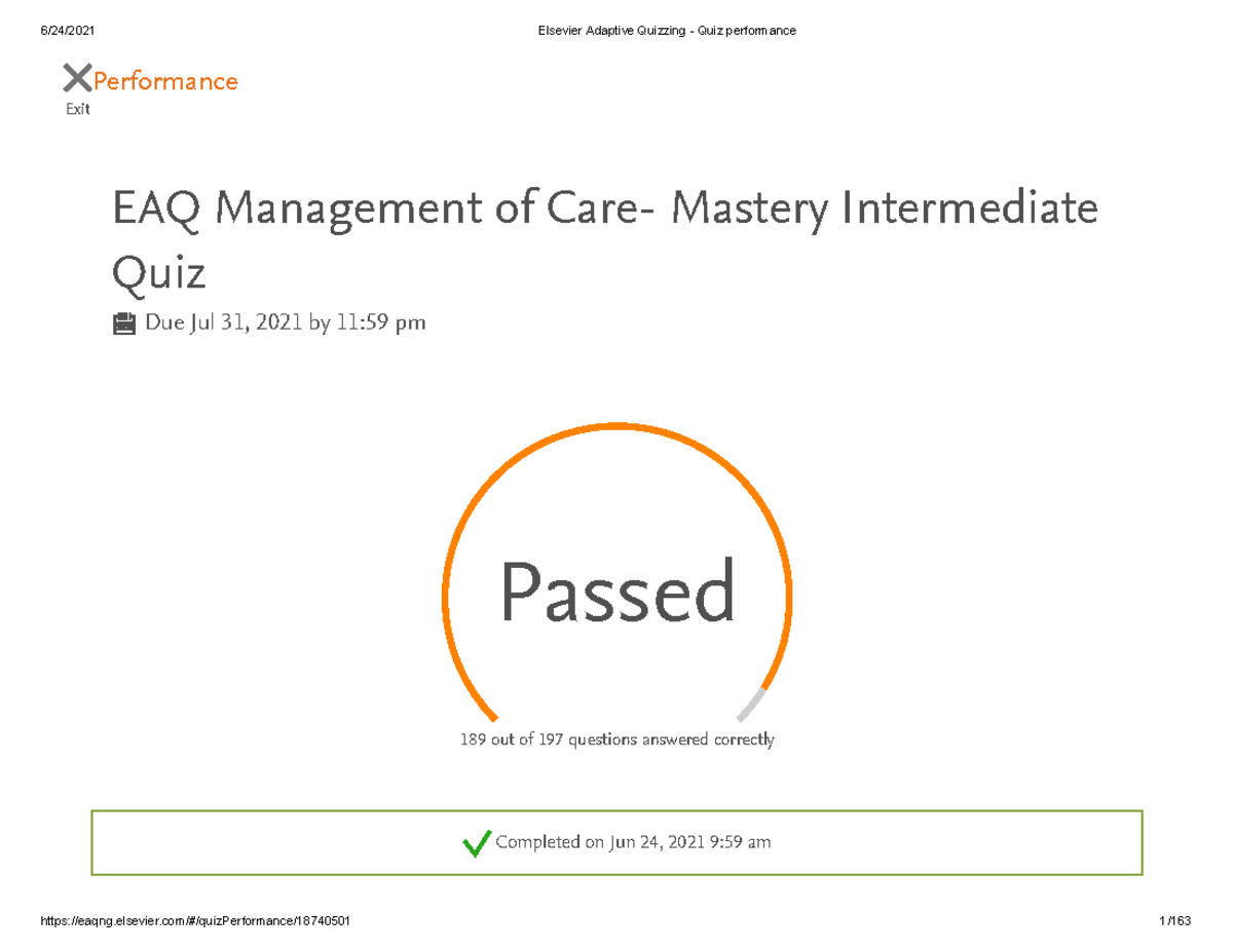 EAQ Management of Care - Intermediate Quiz Review & Performance ...