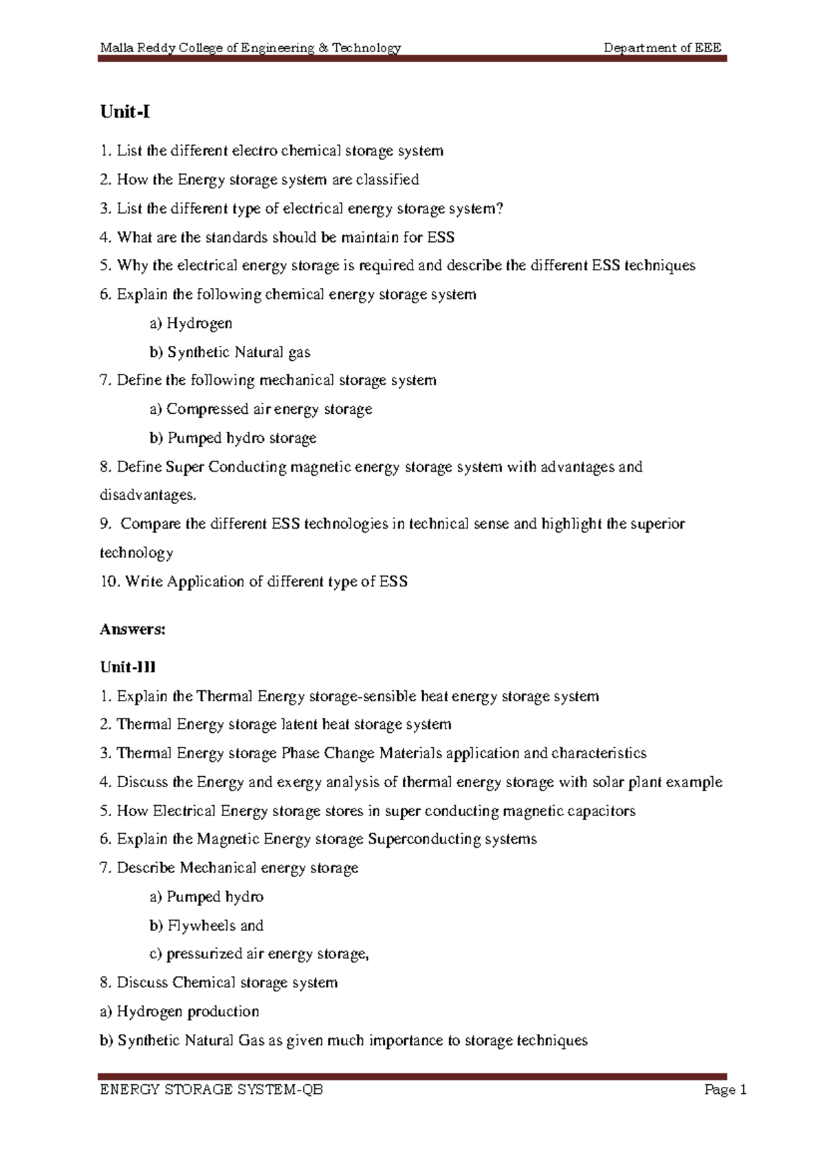 Energy Storage Systems Quiz Bank - Malla Reddy EEE Dept. - Studocu