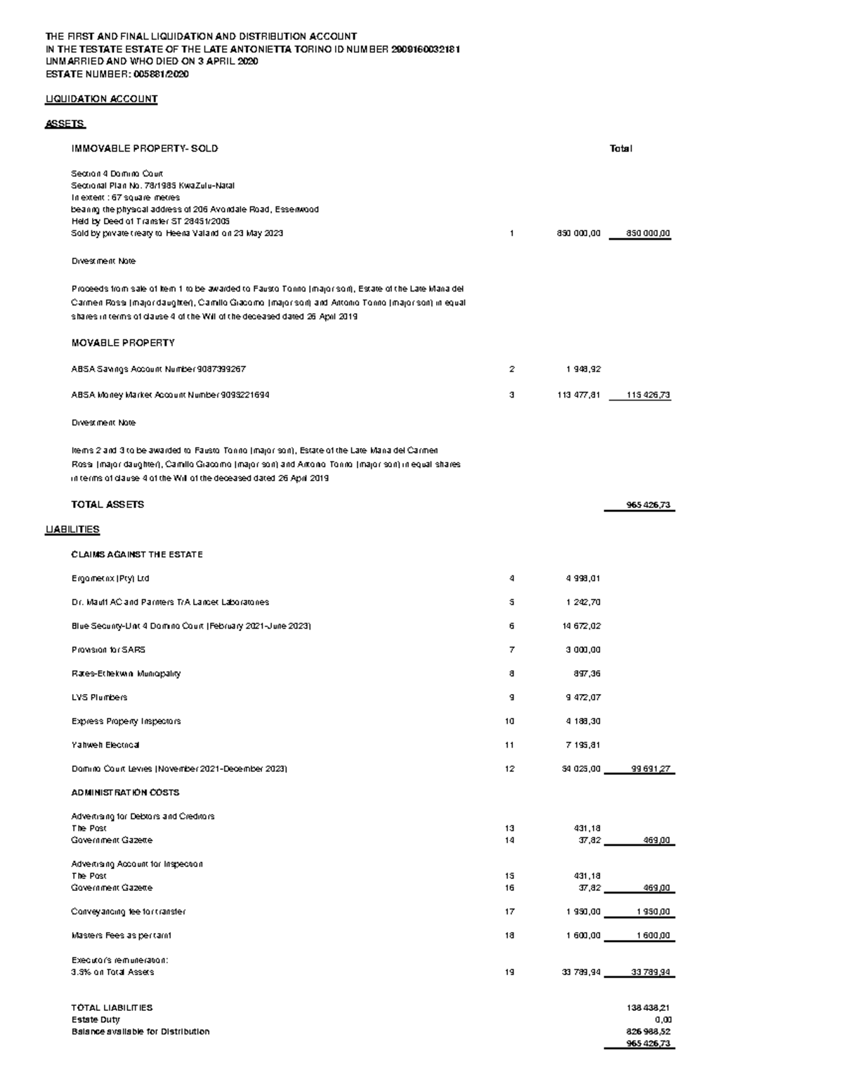 Final Liquidation & Distribution Account for Estate No. 005881 - Studocu