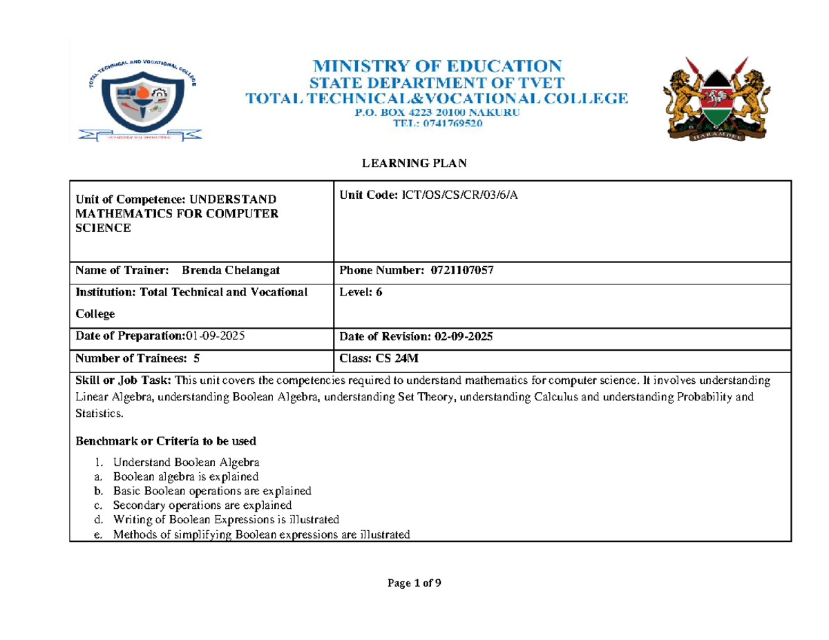 CS 24M Learning Plan: Understanding Mathematics for Computer Science ...