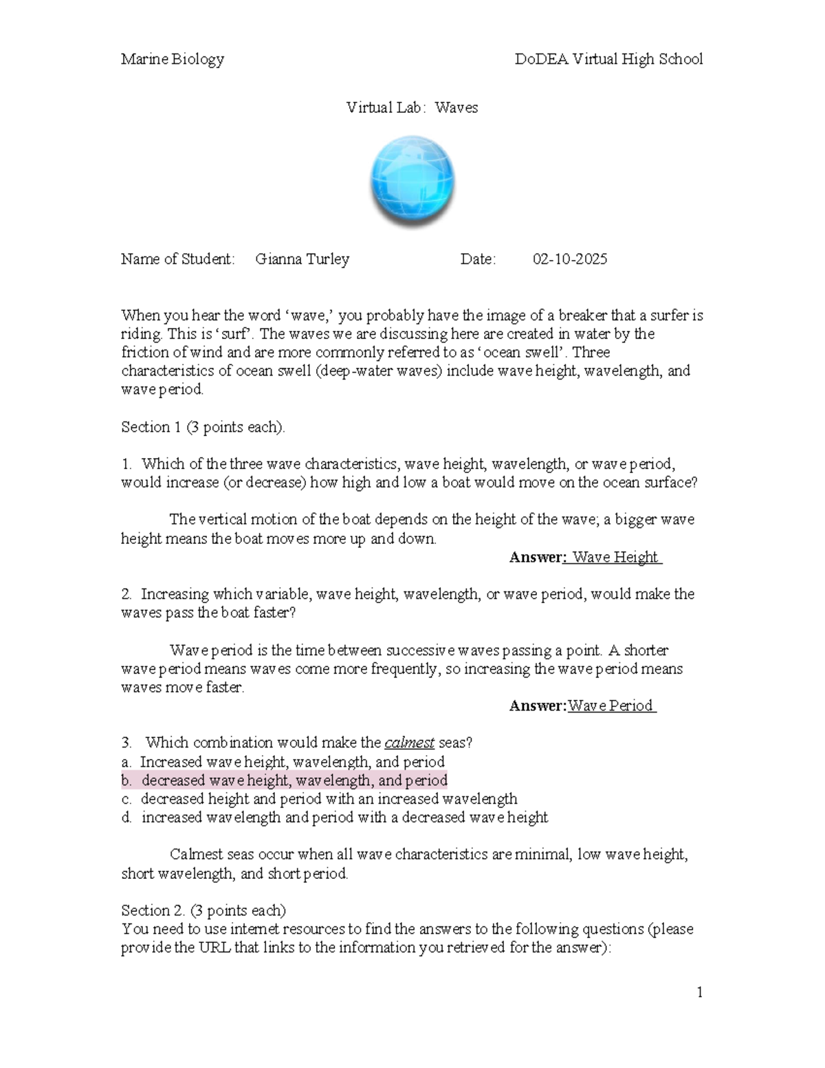 Marine Biology DoDEA Virtual High School: Virtual Lab on Waves - Studocu