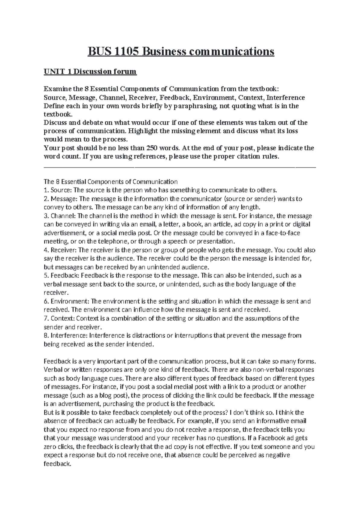 BUS 1105 Business Communications Unit 1: Essential Components of ...