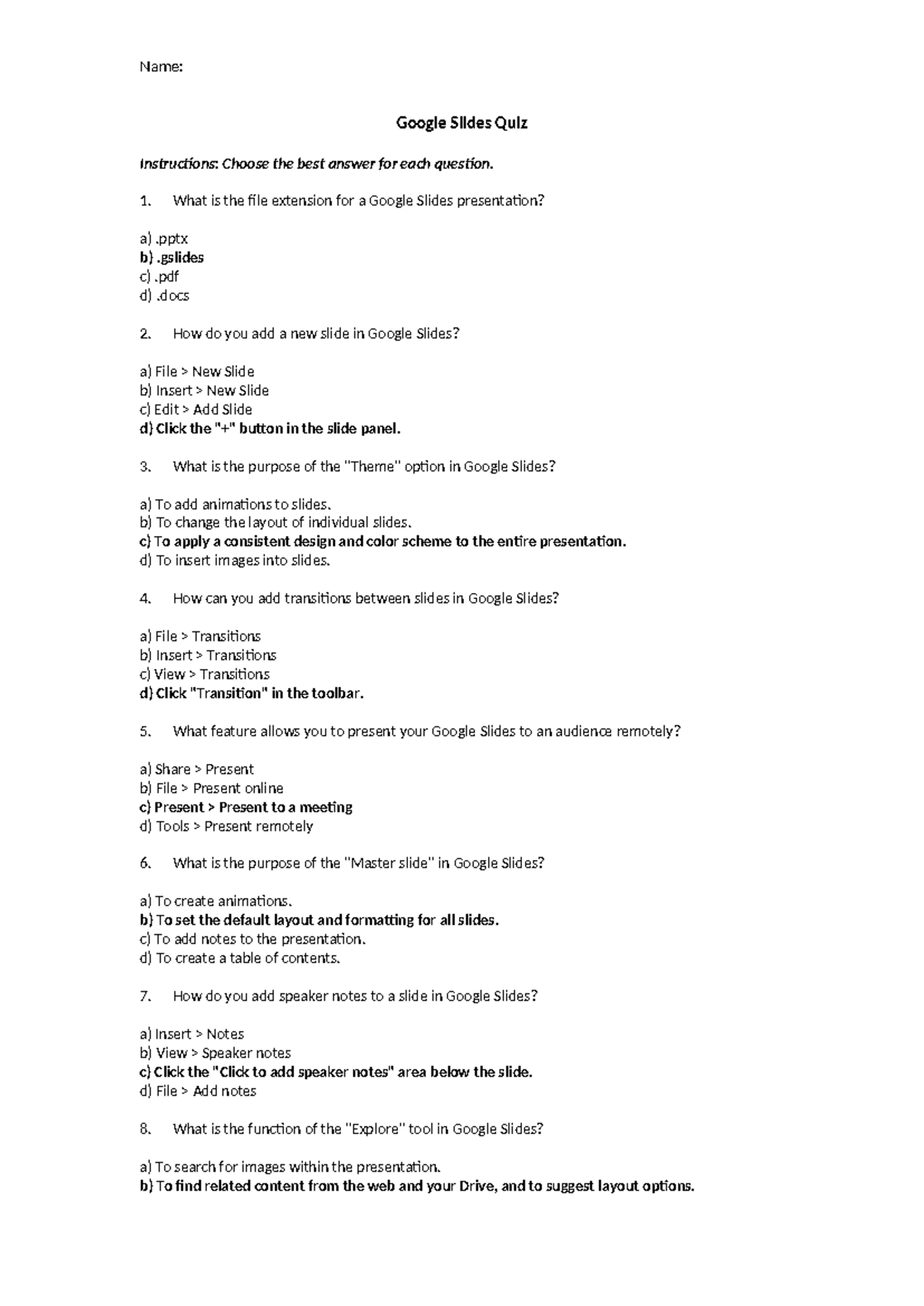 Google Slides Quiz - Essential Questions & Answers Guide - Studocu