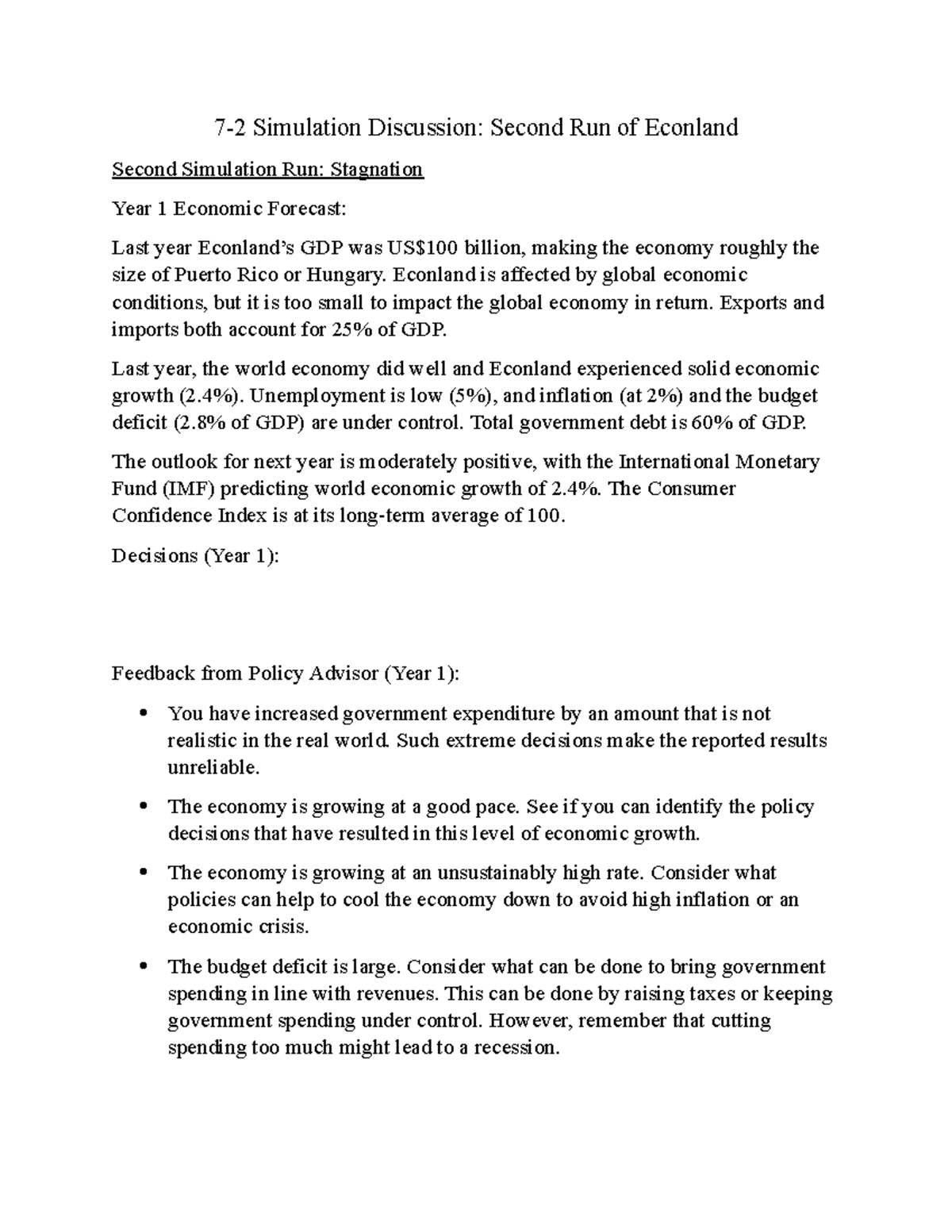 7-2 Econland Simulation Discussion: Yearly Economic Forecasts - Studocu