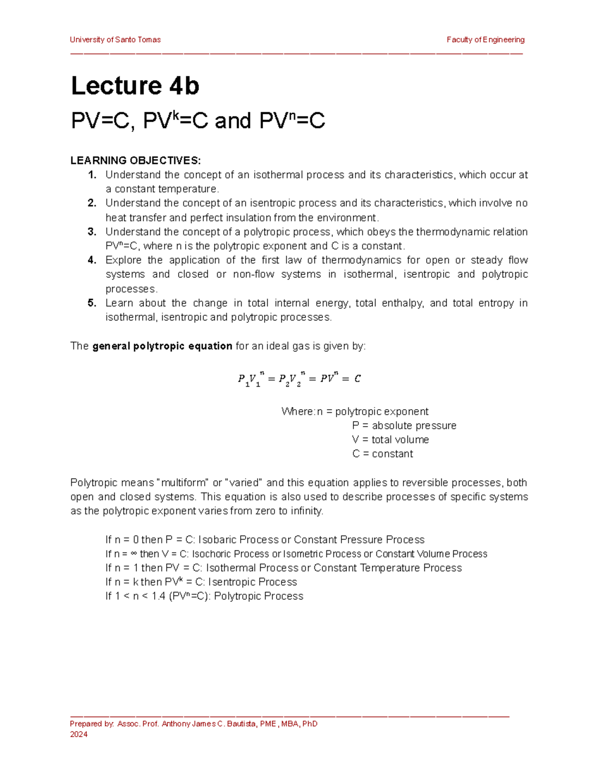 Lecture 4b T=C, PVk=C and PVn=C - Lecture 4b PV=C, PV k =C and PV n =C LEARNING OBJECTIVES: 1 ...