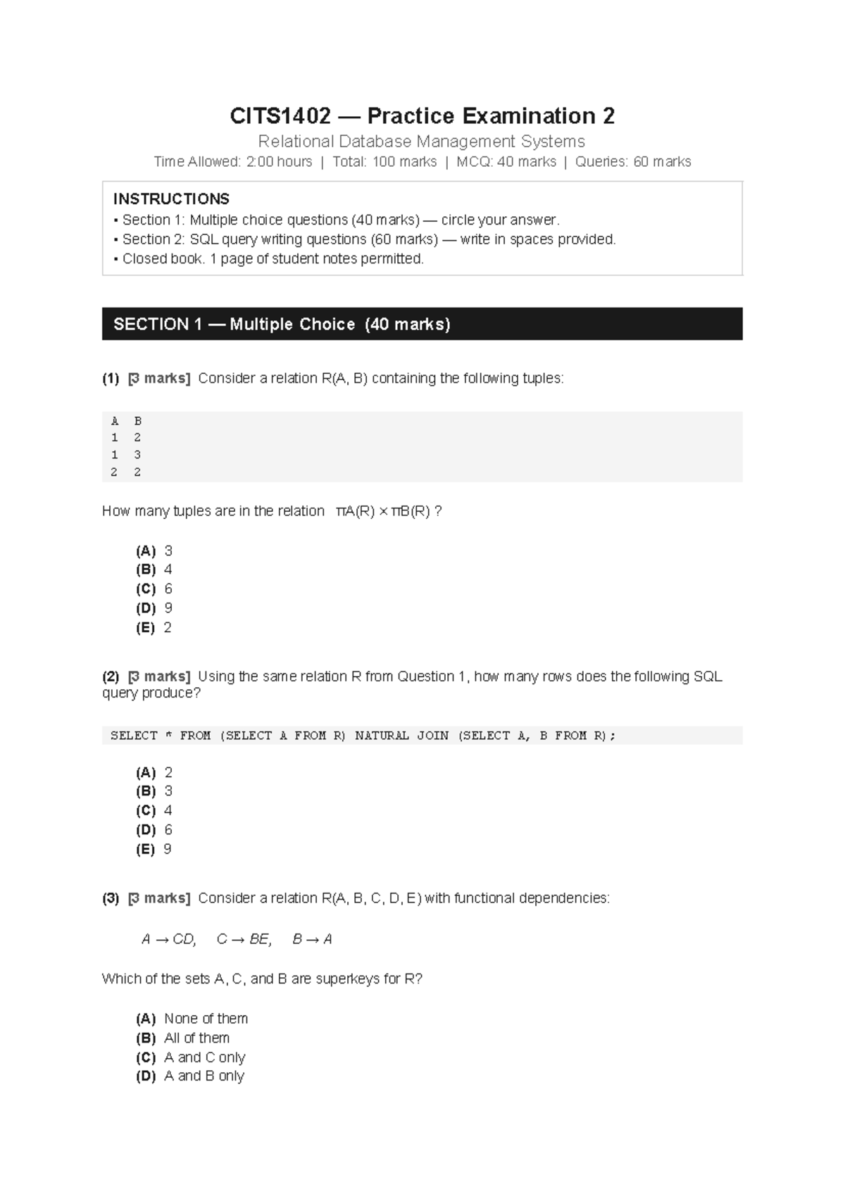 CITS1402 Practice Exam 2: Relational Database Management Systems - Studocu