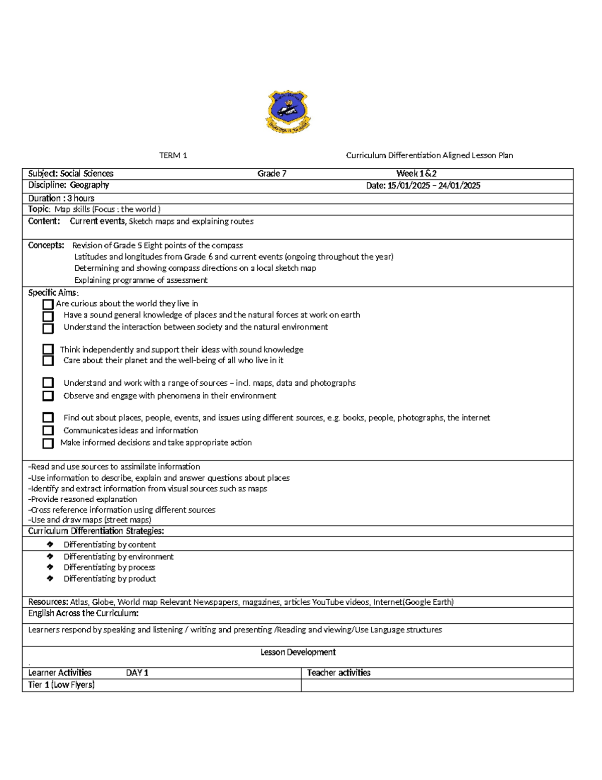 TERM 1 Grade 7 Social Sciences Lesson Plans: Geography & History - Studocu