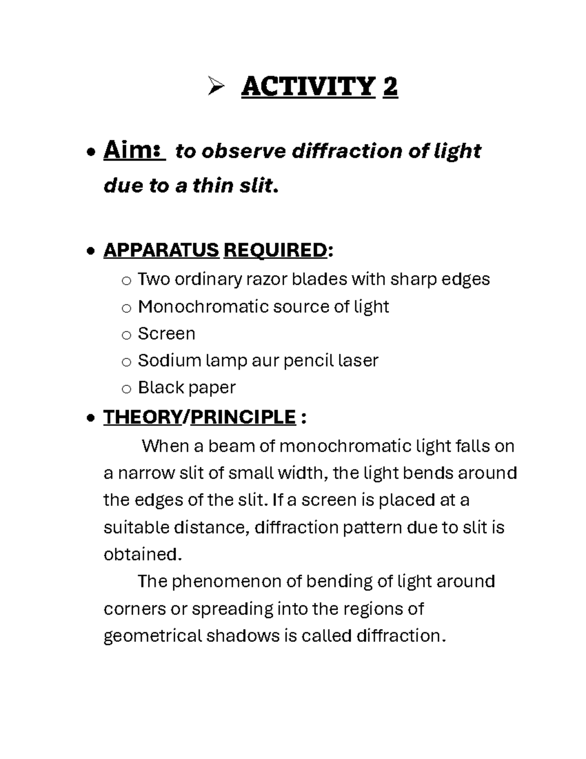 Class 12 - Activity 2: Observation of Light Diffraction Experiment ...
