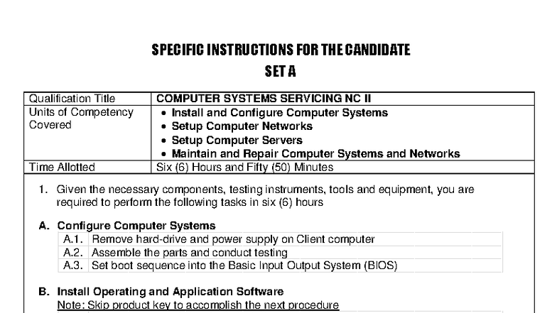COMPUTER SYSTEMS SERVICING NC II: SET A Instructions & Tasks - Studocu
