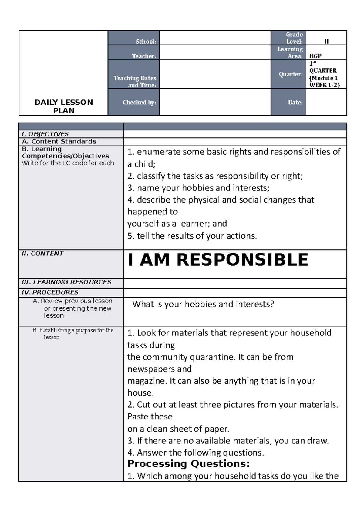 HGP - Daily Lesson Plan for Grade II (1st Quarter, Module 1) - Studocu