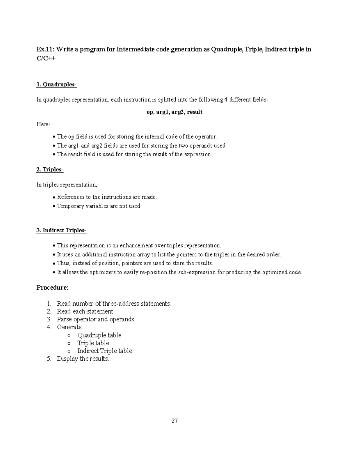 Ex. 11 & 12: Intermediate Code Generation & Simple Code Generator - Studocu