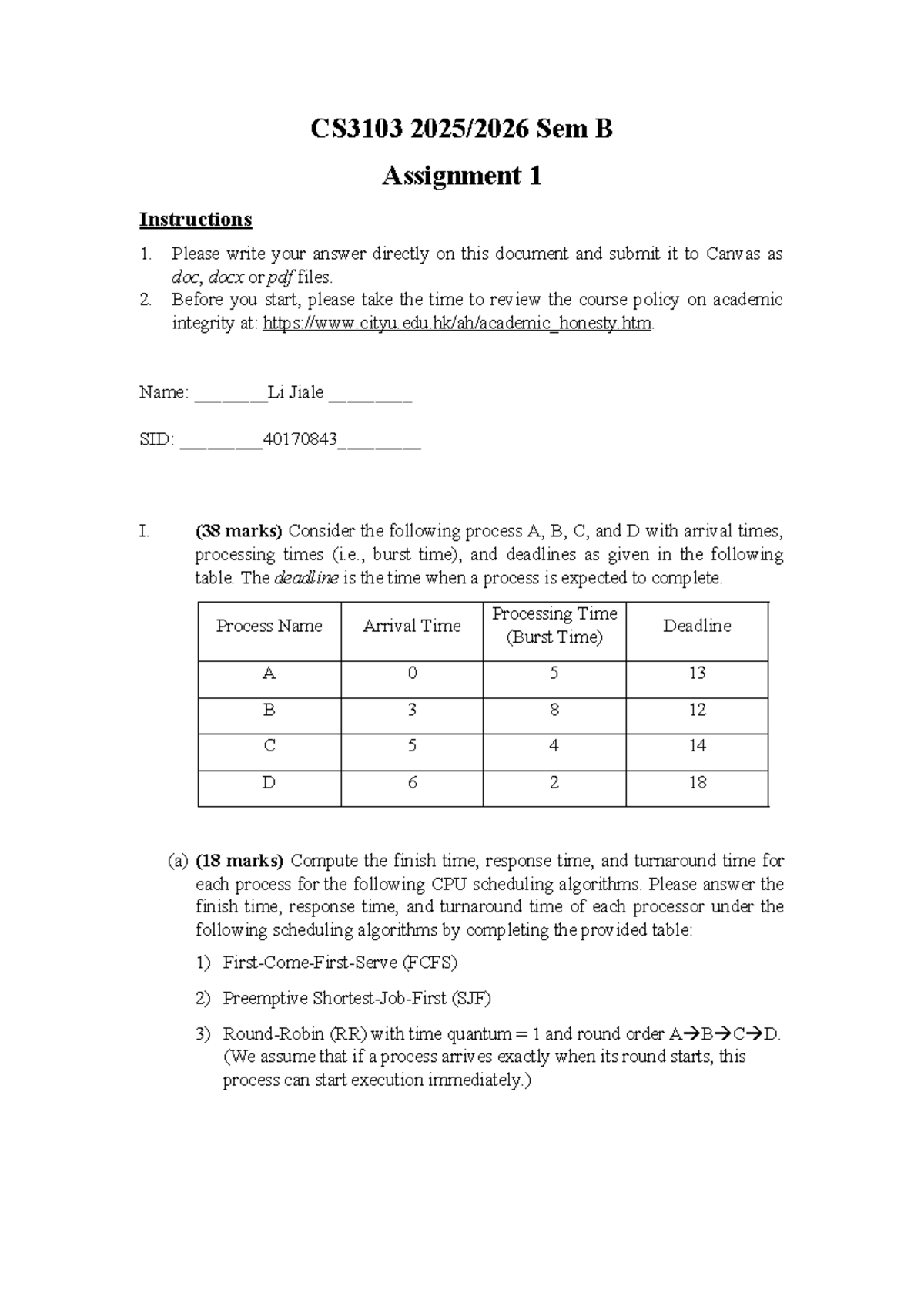 CS3103 Sem B Assignment 1: CPU Scheduling & Thread Analysis - Studocu