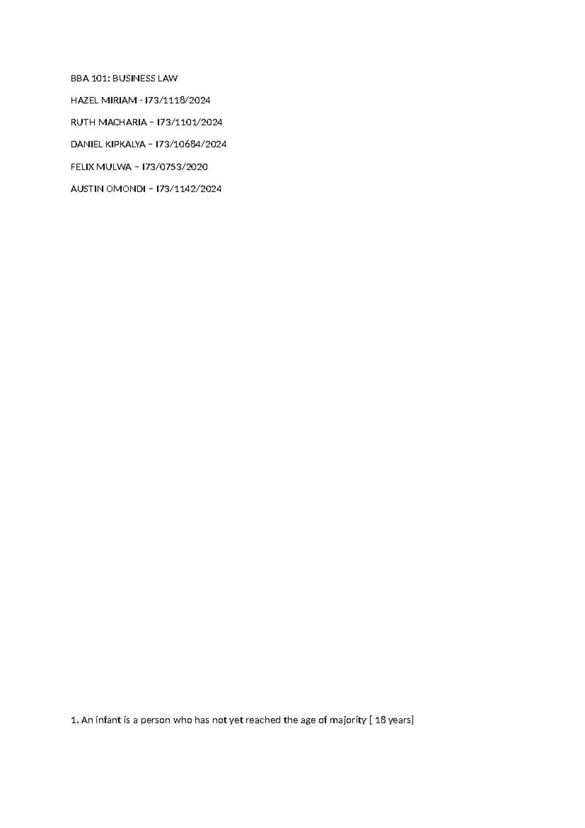 BBA 101 - helpful - BBA 101: BUSINESS LAW HAZEL MIRIAM - I73/1118/ RUTH ...